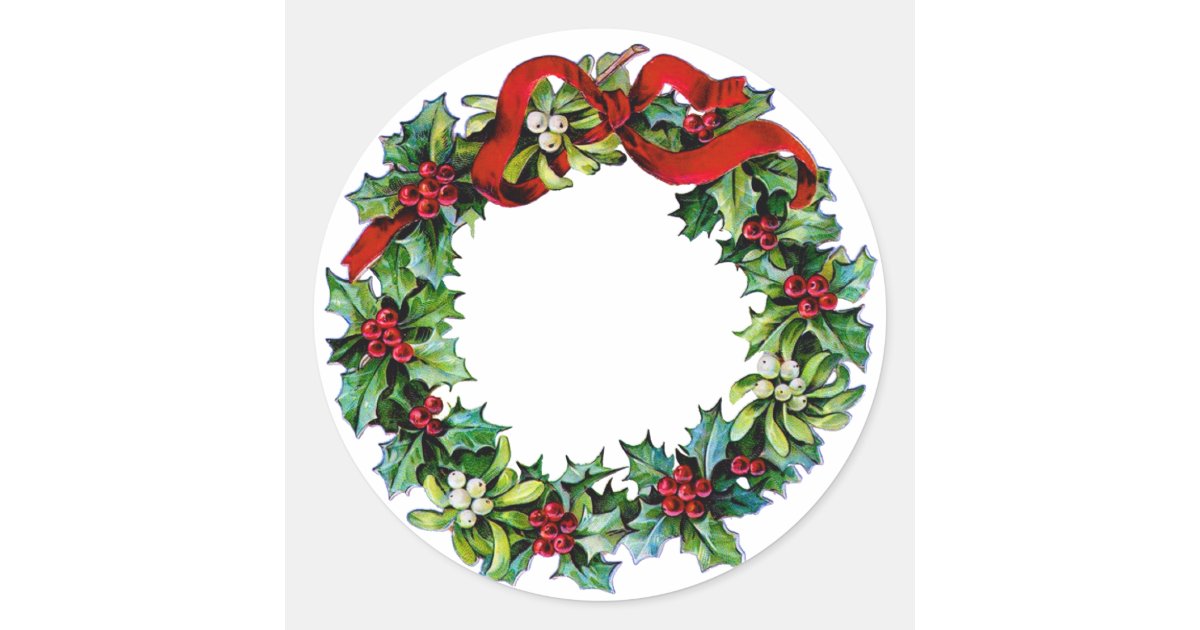 Christmas Wreath of Holly and MIstletoe Classic Round Sticker | Zazzle