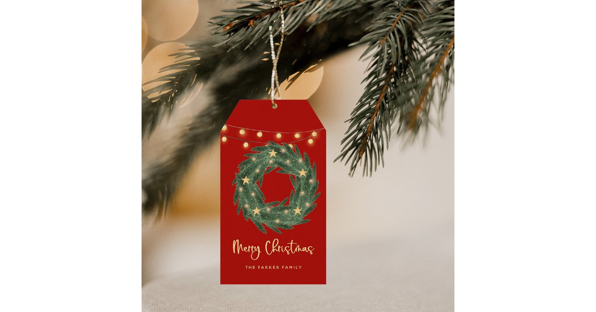 Christmas Wreath with Gold String Lights on Red Gift Tags | Zazzle