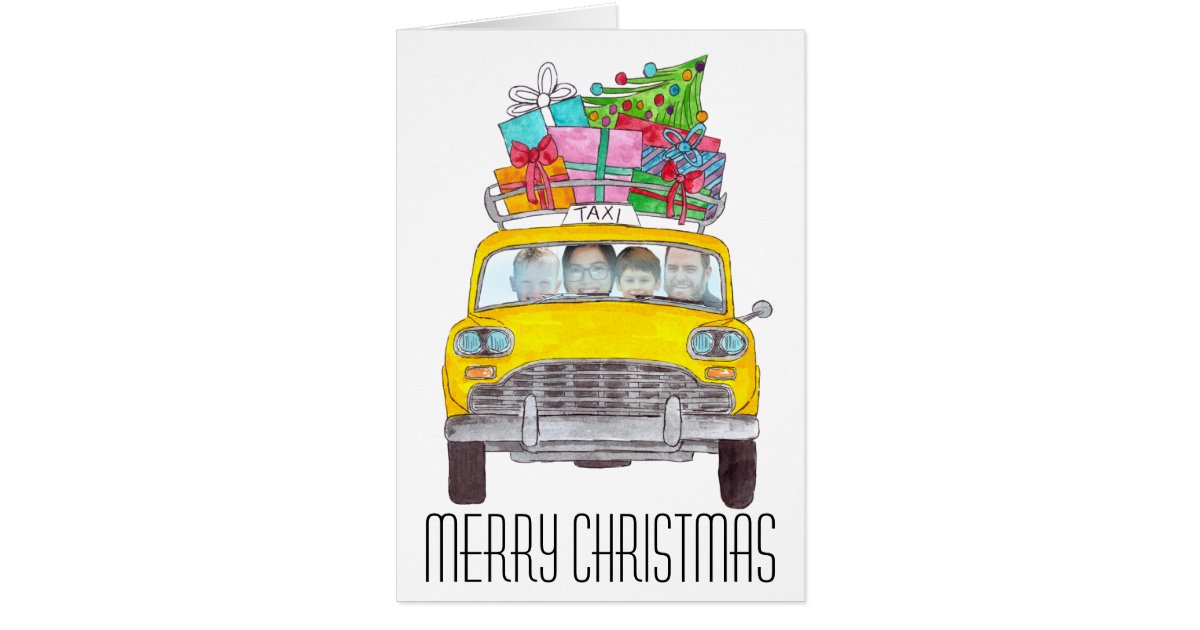 Christmas yellow Cab customizable photo card | Zazzle