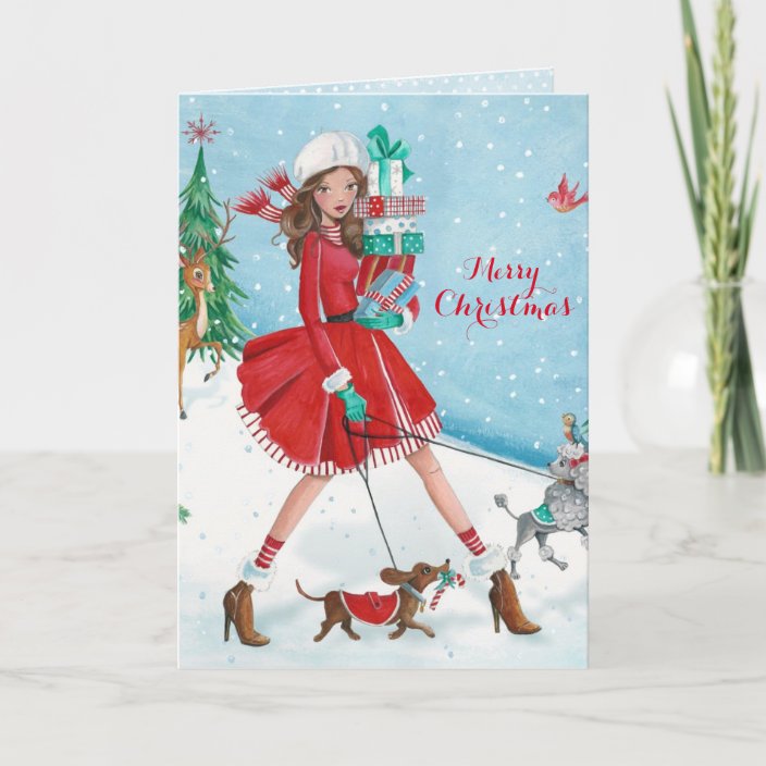 Christmis Shopping Girl - Christmas Greetings Card | Zazzle.com