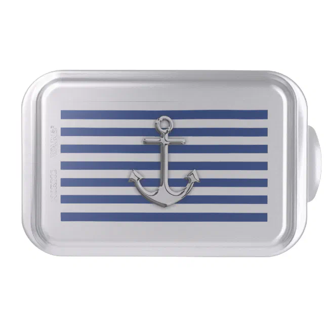 Chrome Anchor on Navy Stripes Cake Pan | Zazzle
