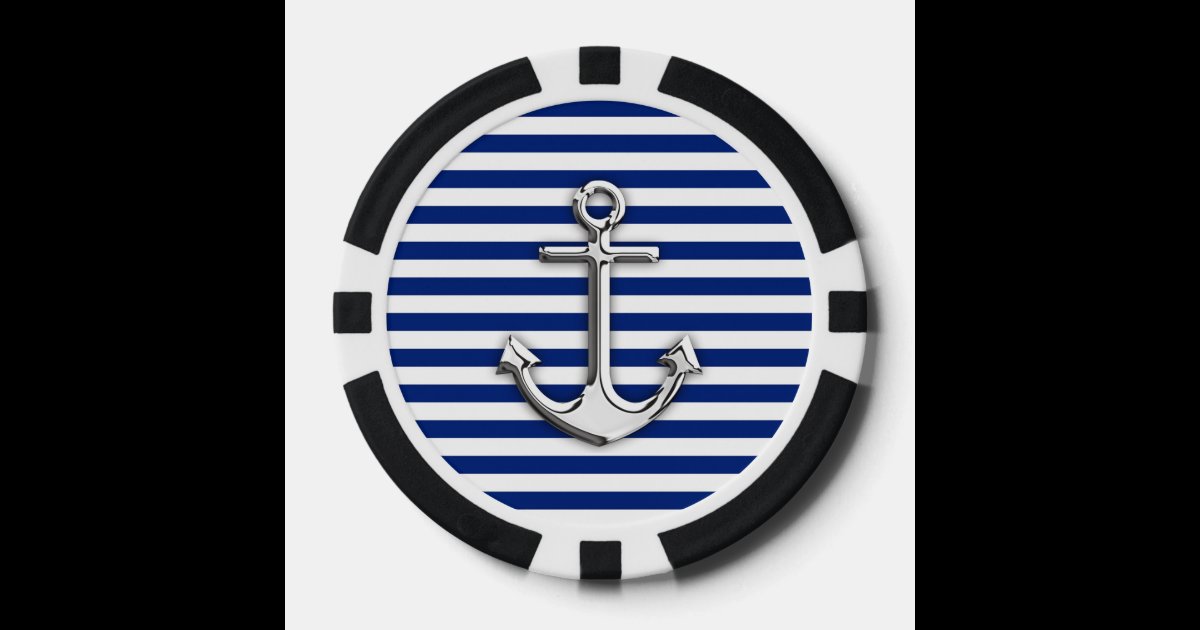 Chrome Anchor on Navy Stripes Poker Chips | Zazzle