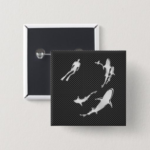 Chrome Diver with Sharks on Carbon Fiber Pinback Button | Zazzle