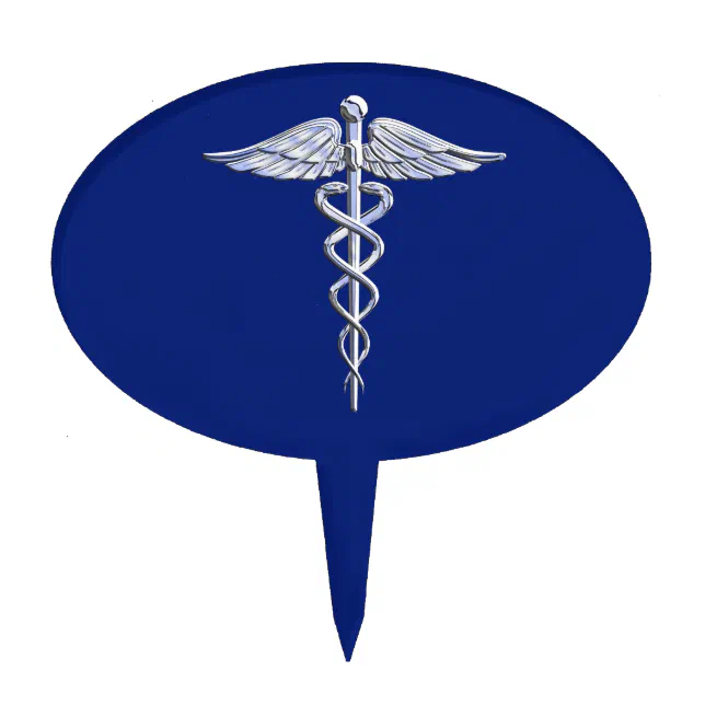 Chrome Style Caduceus Medical Symbol on Navy Blue Cake Topper | Zazzle