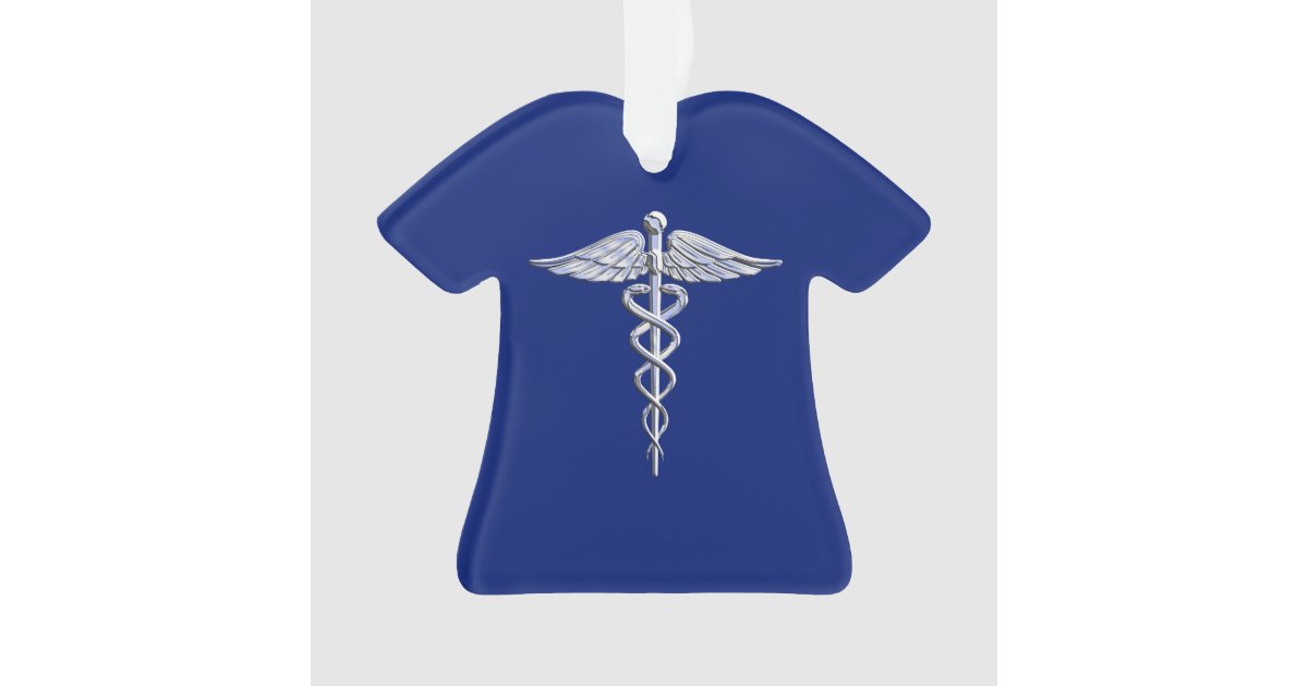 Chrome Style Caduceus Medical Symbol on Navy Blue Ornament | Zazzle