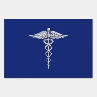Chrome Style Caduceus Medical Symbol on Navy Blue Yard Sign | Zazzle