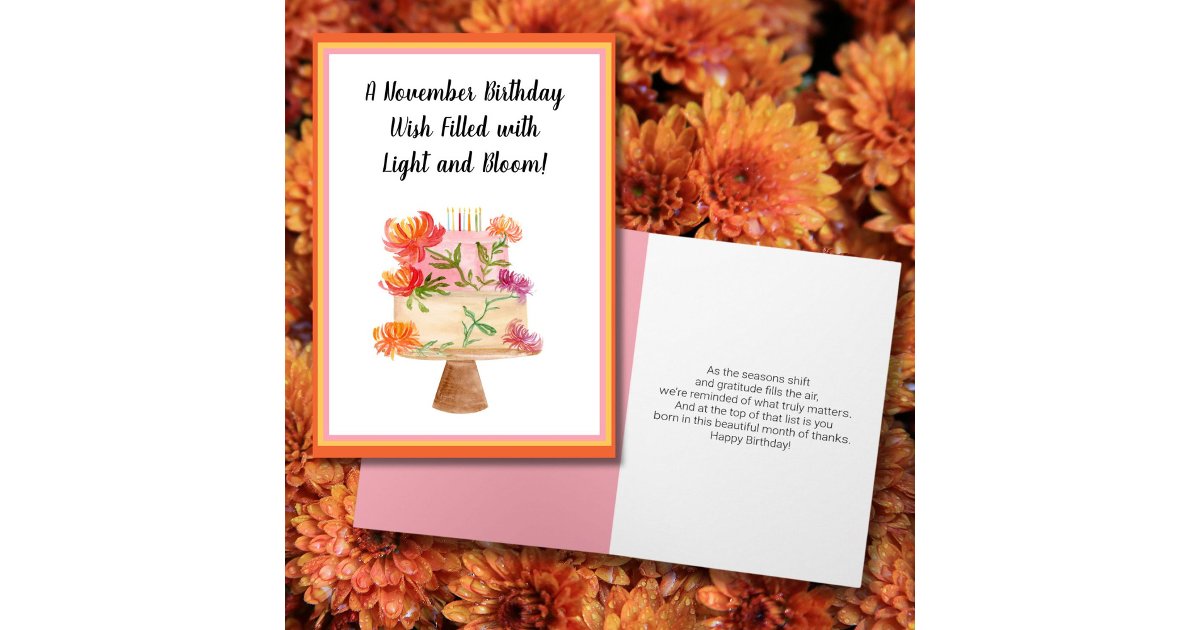 Chrysanthemums on Cake November Birthday Card | Zazzle