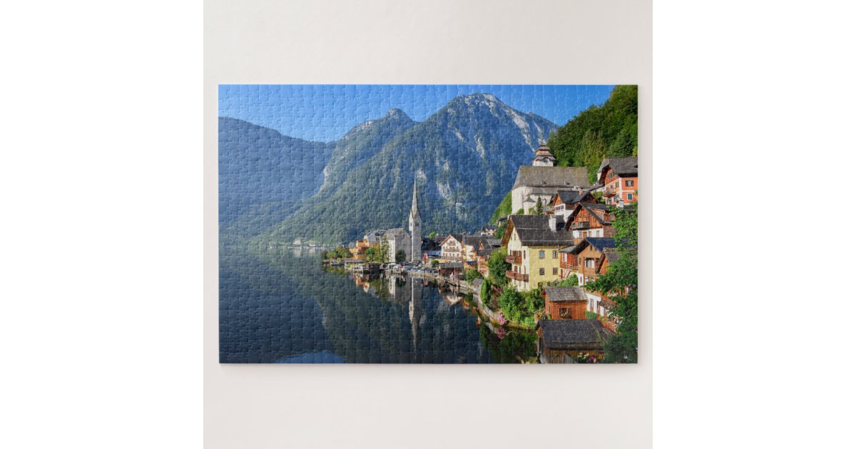 Church and village of Hallstatt, Austria with Alps Jigsaw Puzzle | Zazzle