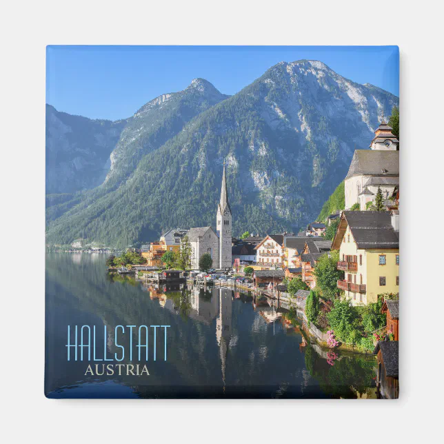 Church and village of Hallstatt, Austria with Alps Magnet | Zazzle