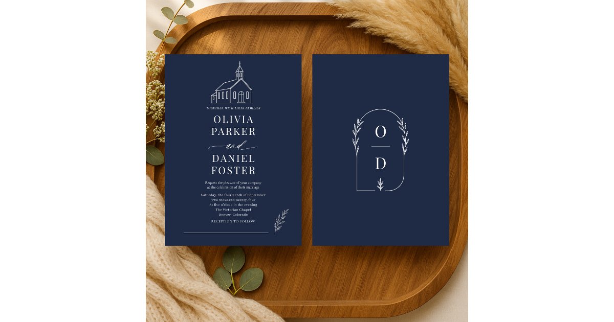 Church Chapel Navy Blue Line Art Wedding Invitation | Zazzle
