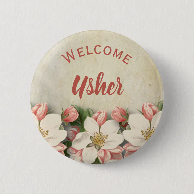 Church Event Welcome Usher Vintage Flower Pinback Button | Zazzle
