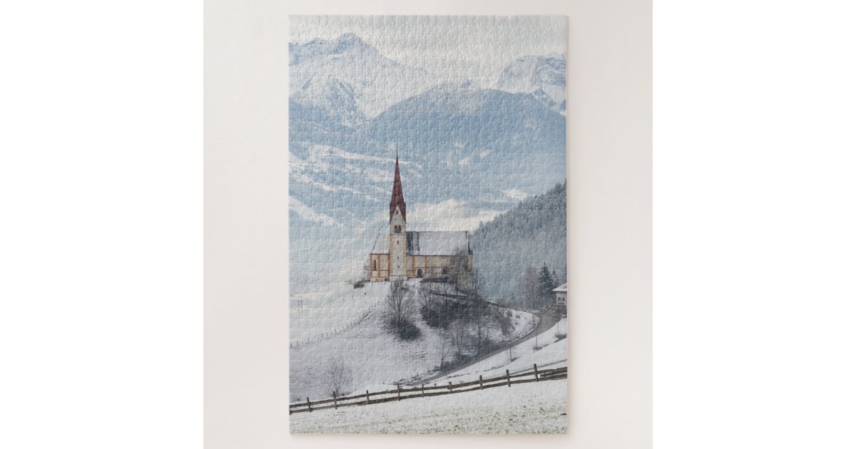 Church in an alpine winter landscape jigsaw puzzle | Zazzle