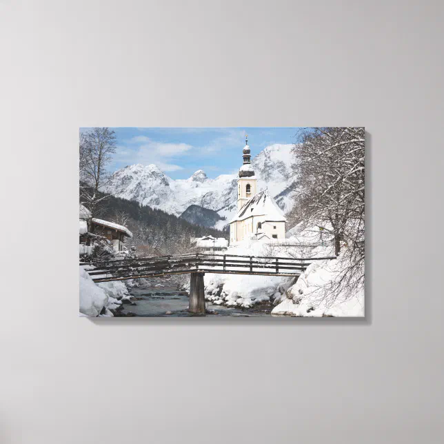 Church in the snow with Alps mountains in winter Canvas Print | Zazzle
