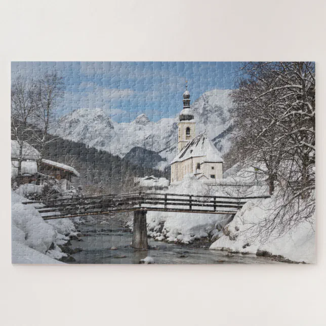 Church in the snow with Alps mountains in winter Jigsaw Puzzle | Zazzle