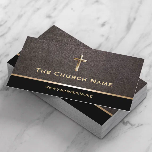 Church Pastor Elegant Leather Gold Holy Cross Business Card | Zazzle