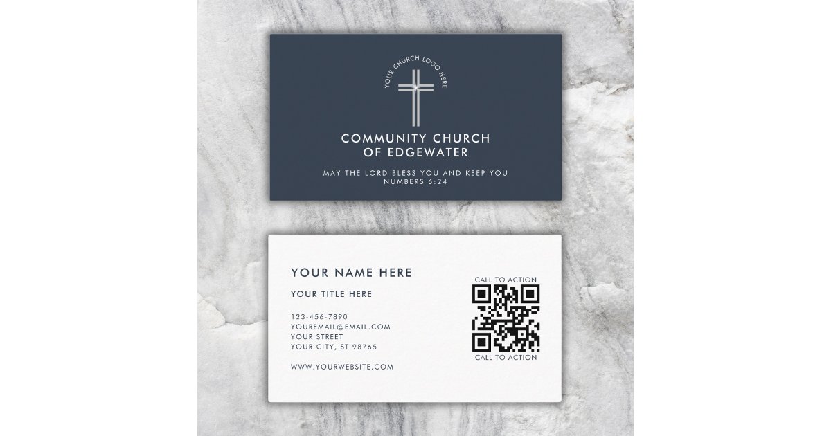Church Pastor Modern QR code Custom Logo Navy Business Card | Zazzle