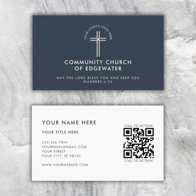 Church Pastor Modern QR code Custom Logo Navy Business Card | Zazzle