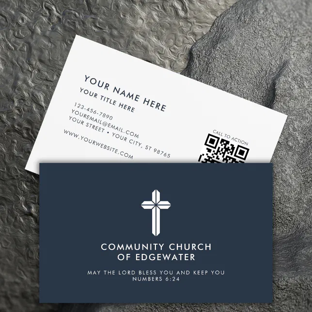 Church Pastor Modern QR code Religious Cross Navy Business Card | Zazzle