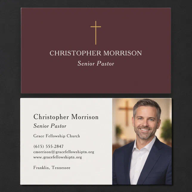 Church Pastor Photo Burgundy Business Card | Zazzle