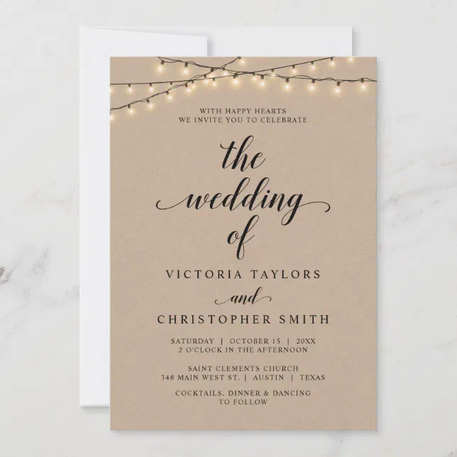 Church Wedding Ceremony, String Lights, Kraft Invi Invitation | Zazzle