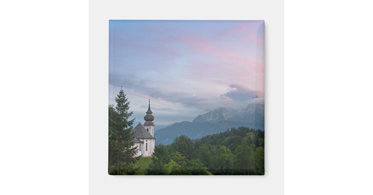 Church with Alps mountains at sunset Magnet | Zazzle
