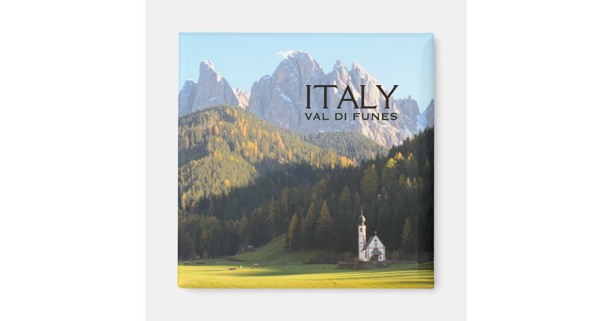 Church with Dolomite mountain souvenir text magnet | Zazzle