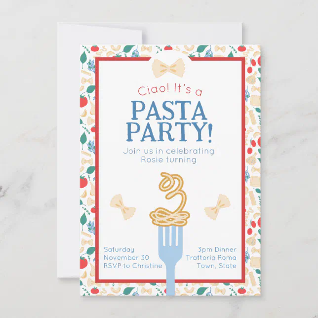 Ciao 3rd Birthday Pasta Party Italian Bow Invitation | Zazzle