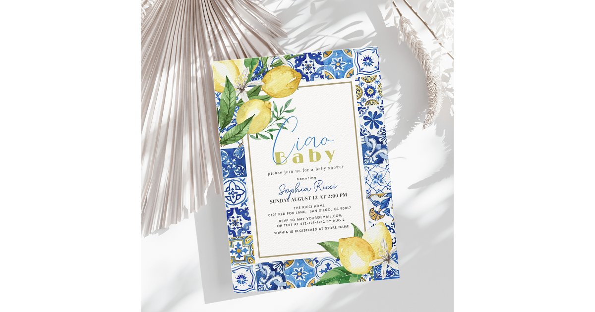 Ciao Baby Blue Tile Citrus Lemon Baby Shower Invitation | Zazzle