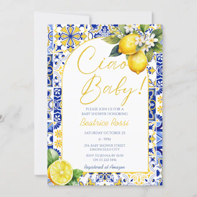 Ciao Baby Blue Tiles Lemon Amalfi Arch Baby Shower Invitation | Zazzle