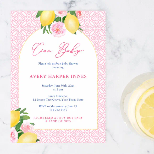 Ciao Baby Italian Inspired Lemons Pink Baby Shower Invitation | Zazzle