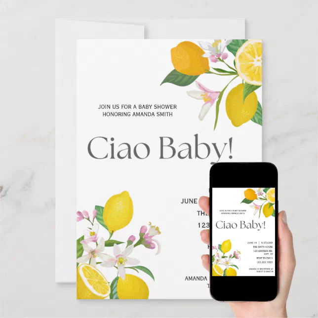 "Ciao Baby" Pretty Italian Lemons and Flowers Invitation | Zazzle