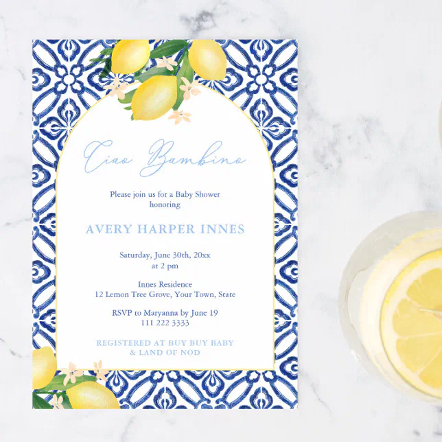 Ciao Bambino Lemons Arch Boy Baby Shower Party Invitation | Zazzle