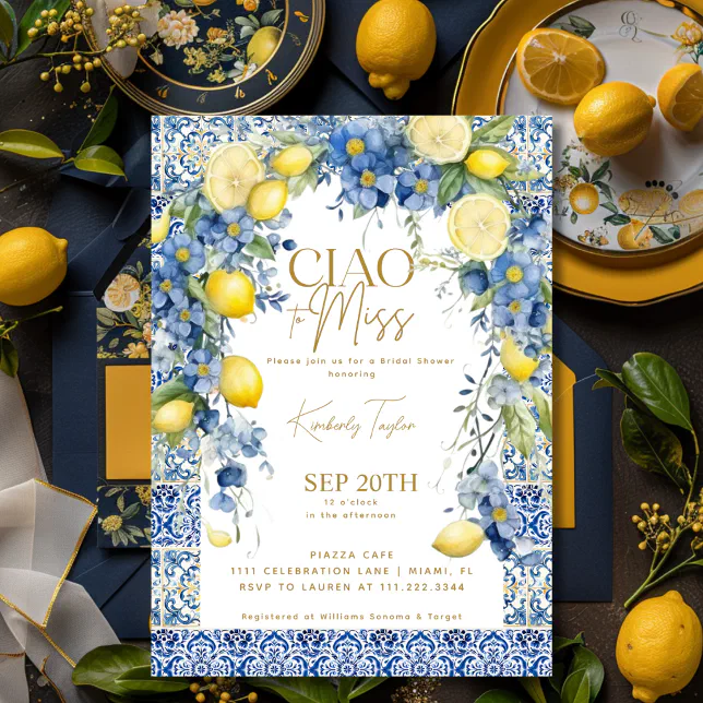 Ciao To Miss Italy Lemon Blue Tiles Bridal Shower Invitation | Zazzle