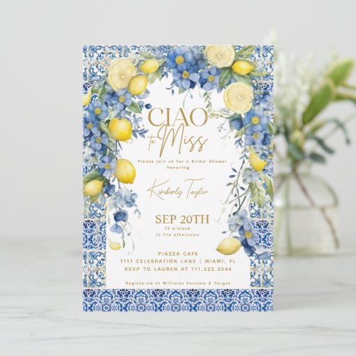 Ciao To Miss Italy Lemon Blue Tiles Bridal Shower Invitation | Zazzle