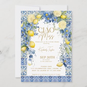 Ciao To Miss Italy Lemon Blue Tiles Bridal Shower Invitation | Zazzle