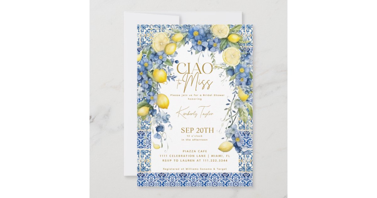 Ciao To Miss Italy Lemon Blue Tiles Bridal Shower Invitation | Zazzle