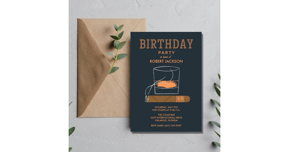 Cigar and Whisky Men's Birthday Party Invitation | Zazzle