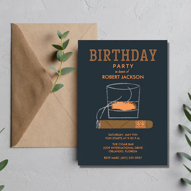 Cigar and Whisky Men's Birthday Party Invitation | Zazzle
