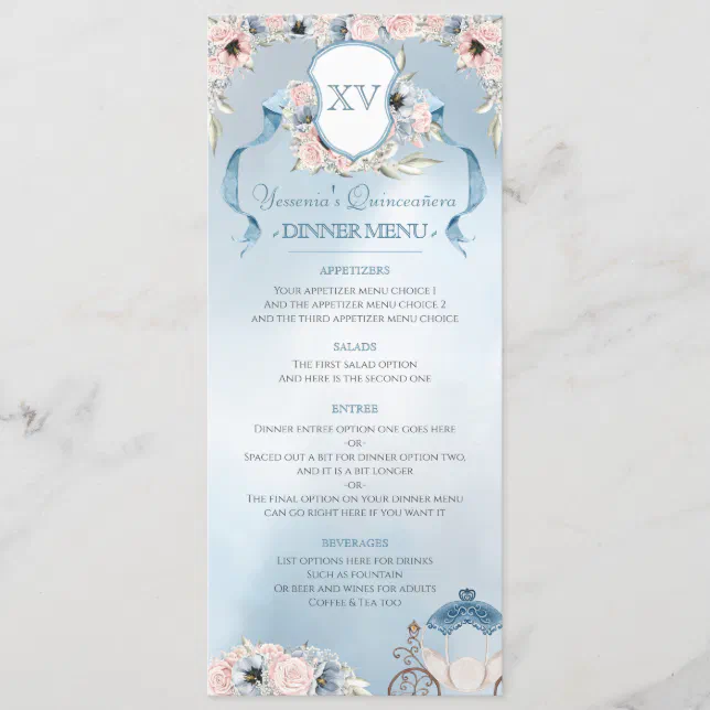 Cinderella Fairy Tale Elegant Blue Pink Party Menu | Zazzle