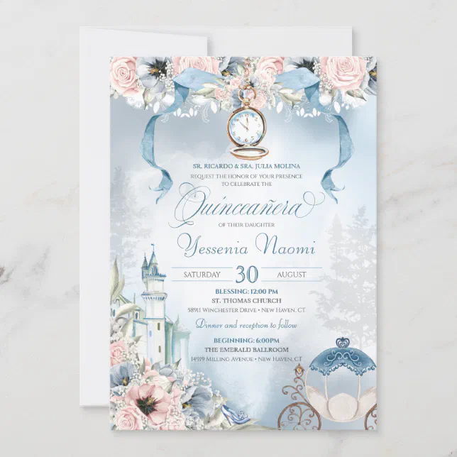 Cinderella Fairy Tale Light Blue Pink Quinceanera Invitation | Zazzle