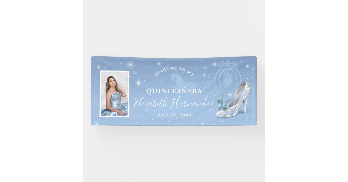 Cinderella Light Blue Quinceanera Photo Birthday Banner | Zazzle