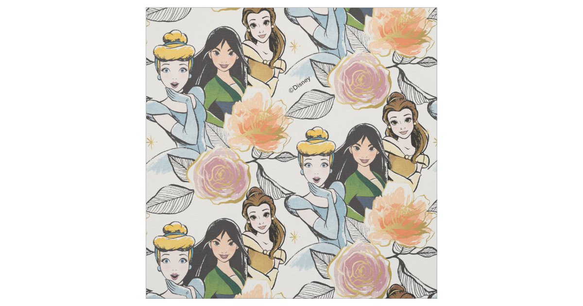 Cinderella, Mulan, & Belle Floral Illustration Fabric | Zazzle