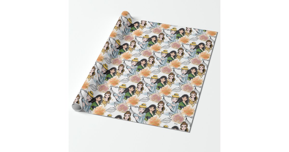 Cinderella, Mulan, & Belle Floral Illustration Wrapping Paper | Zazzle