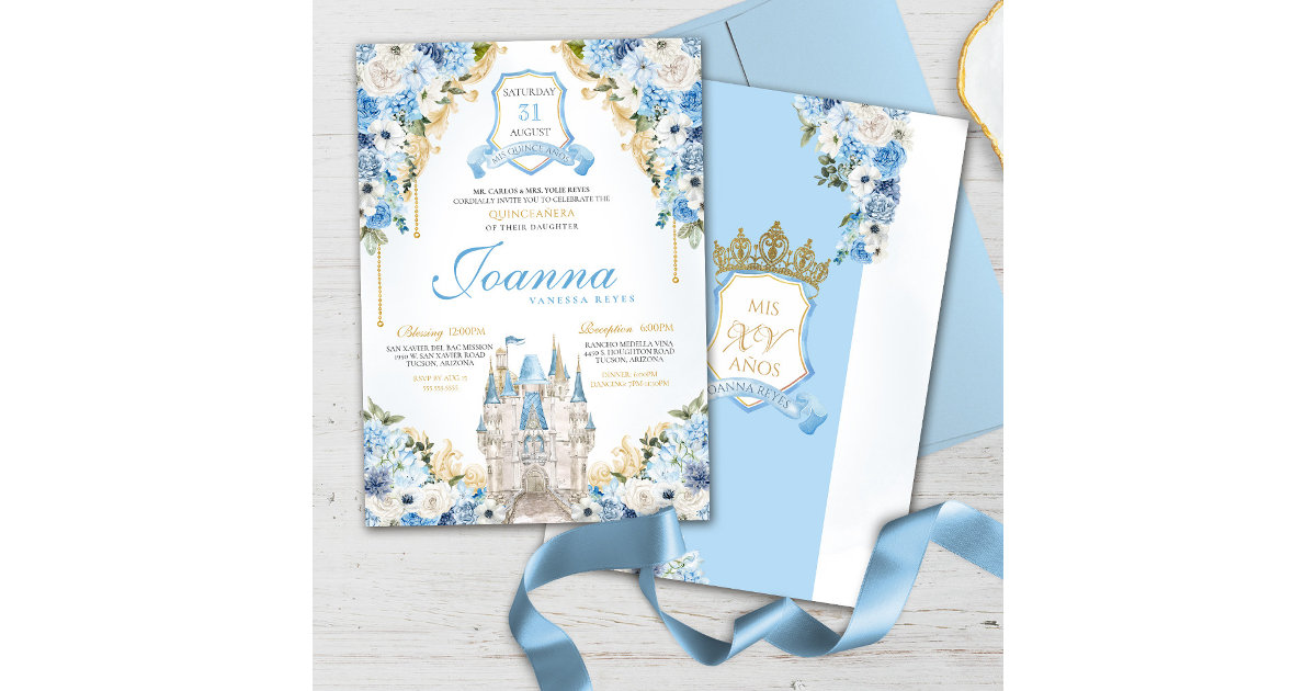 Cinderella Princess Castle Light Blue Quinceanera Invitation | Zazzle
