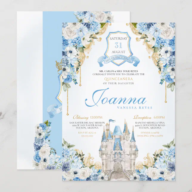 Cinderella Princess Castle Light Blue Quinceanera Invitation | Zazzle