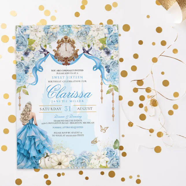 Cinderella Princess Light Blue and Gold Sweet 16 Invitation | Zazzle