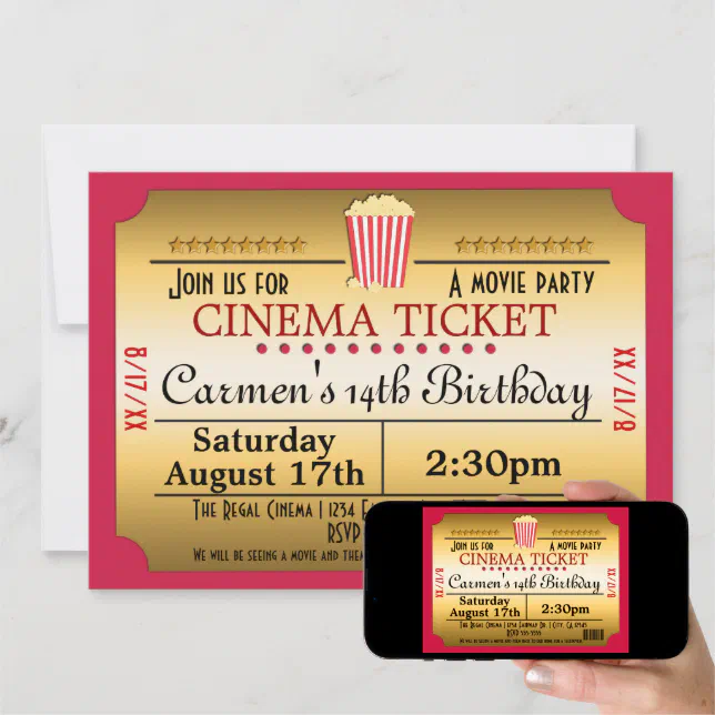 Cinema Movie Ticket Popcorn Party Event Invitation | Zazzle