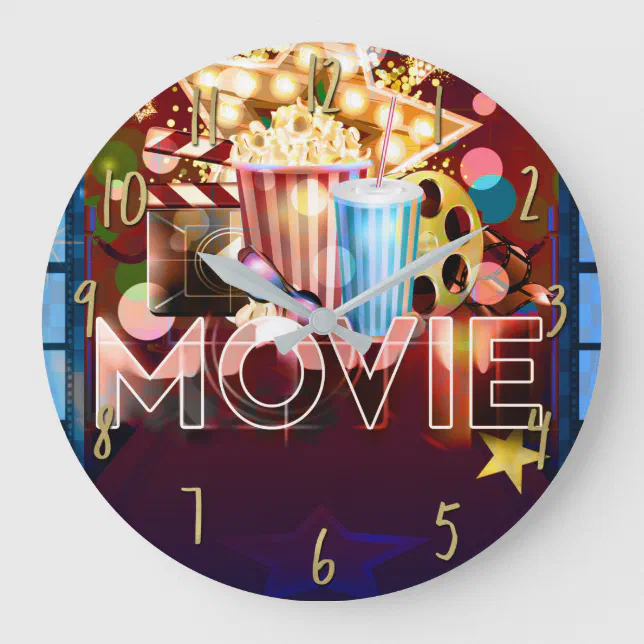 Cinema Movies Movie Night Entertainment Room Large Clock | Zazzle