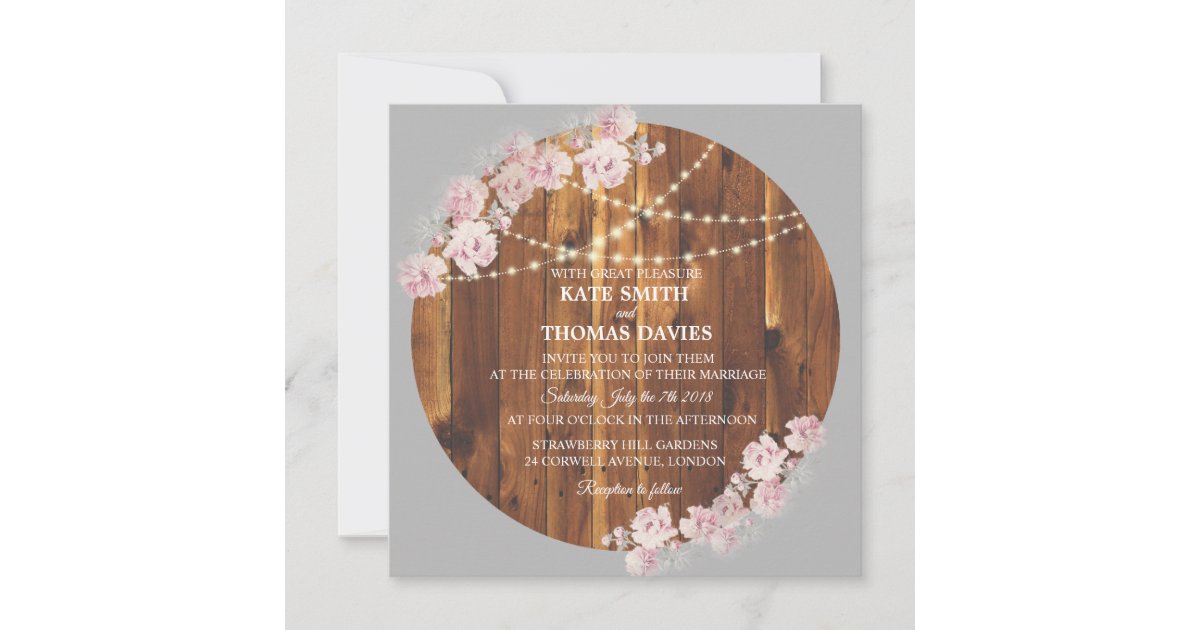Circle Floral Light Strings Wooden Wedding Invite | Zazzle