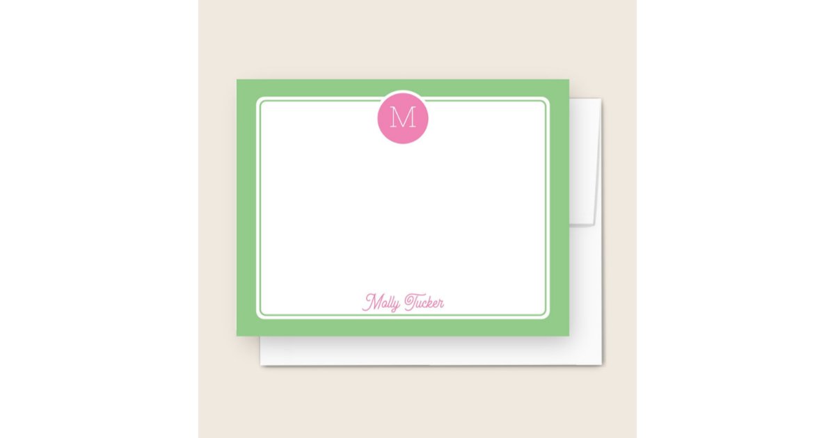 Circle Monogram Preppy Pink & Green Note Card | Zazzle